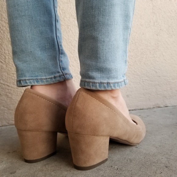 Shoes | Taupe Vegan Suede Round Toe Chunky Heel Pump | Poshmark